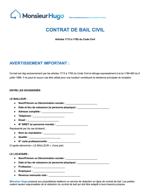 Contrat de Bail civil : modèle PDF & Word Gratuit - Monsieur Hugo
