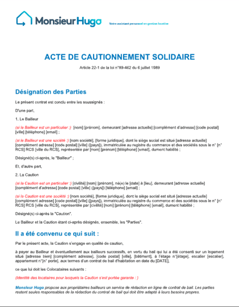 Modèle de lettre pour se porter caution - Monsieur Hugo